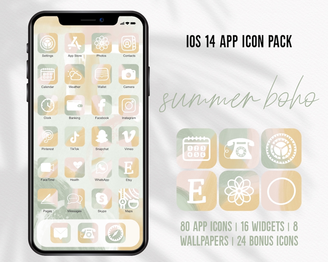 Summer Boho Ios Handdrawn App Icons Boho Theme Pack Aesthetic Pink ...