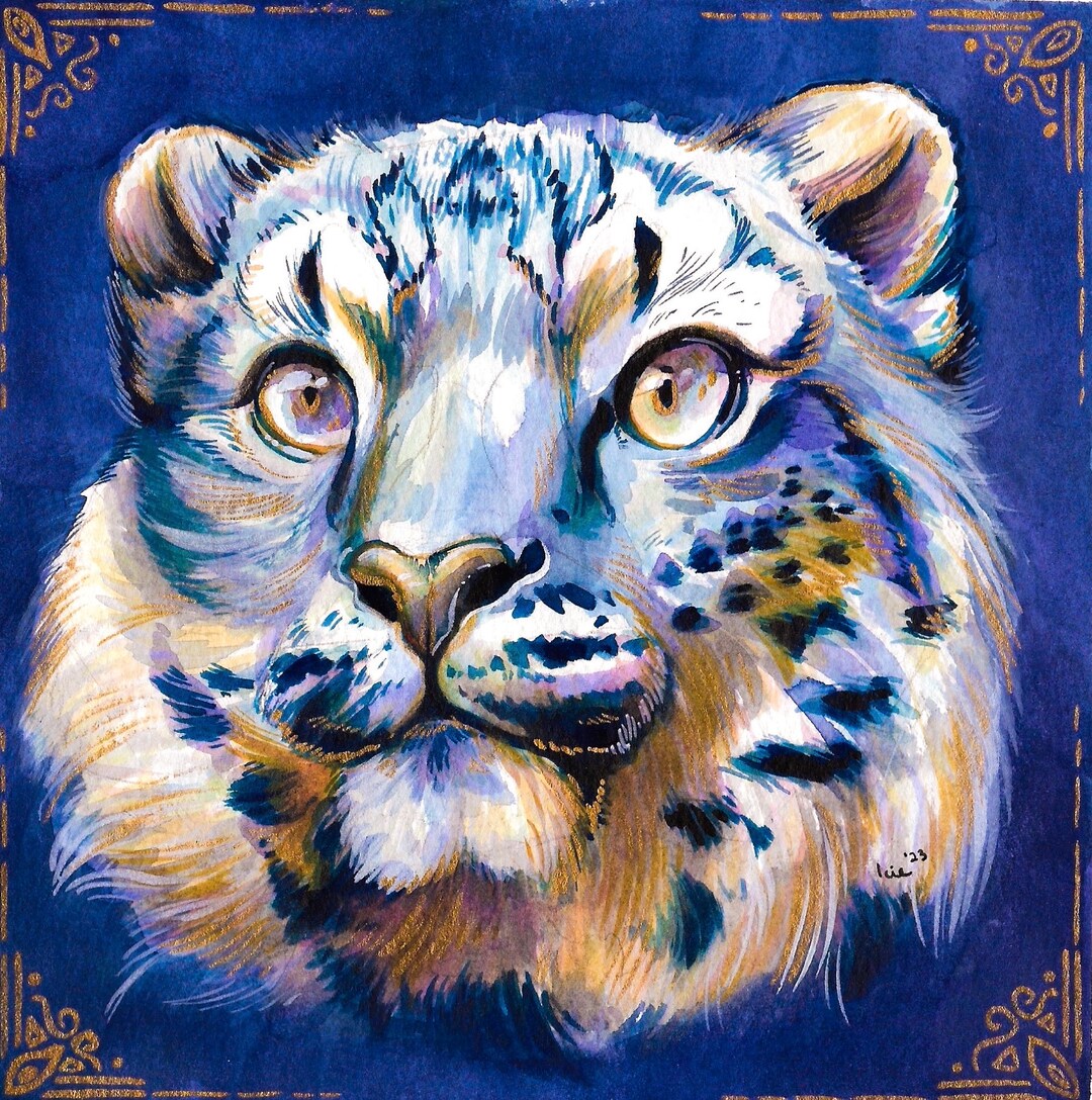 Snow Leopard Whimsical Mini Print 5x5 Original Art - Etsy