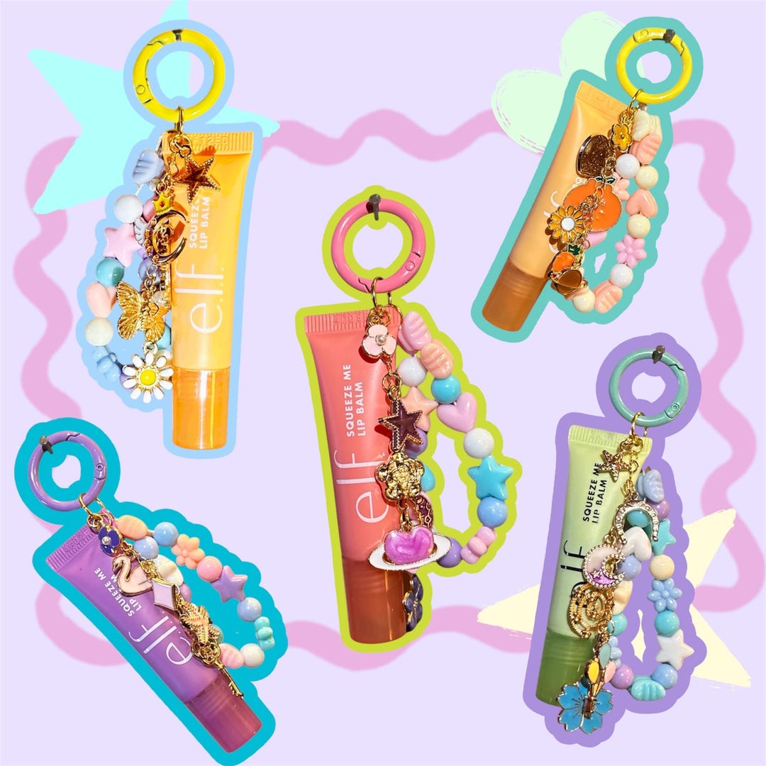 Lip Balm Keychain Charm Set – E.l.f. Squeeze Me Lip Gloss With Cute Beaded Charms – Pastel ...