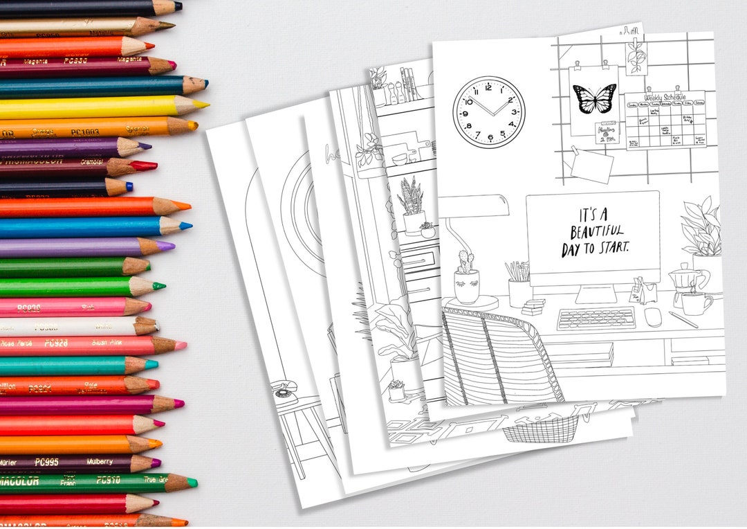 6 Interior Room Coloring Pages, Cozy Home, Adult Coloring Page, Digital ...