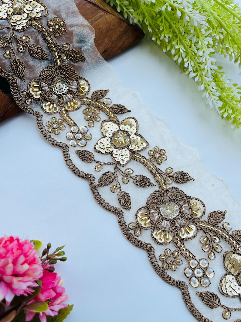 Antique Gold Pearl Embroidery Lace Trim, 2.5" Wide Scalloped Border, 1 ...