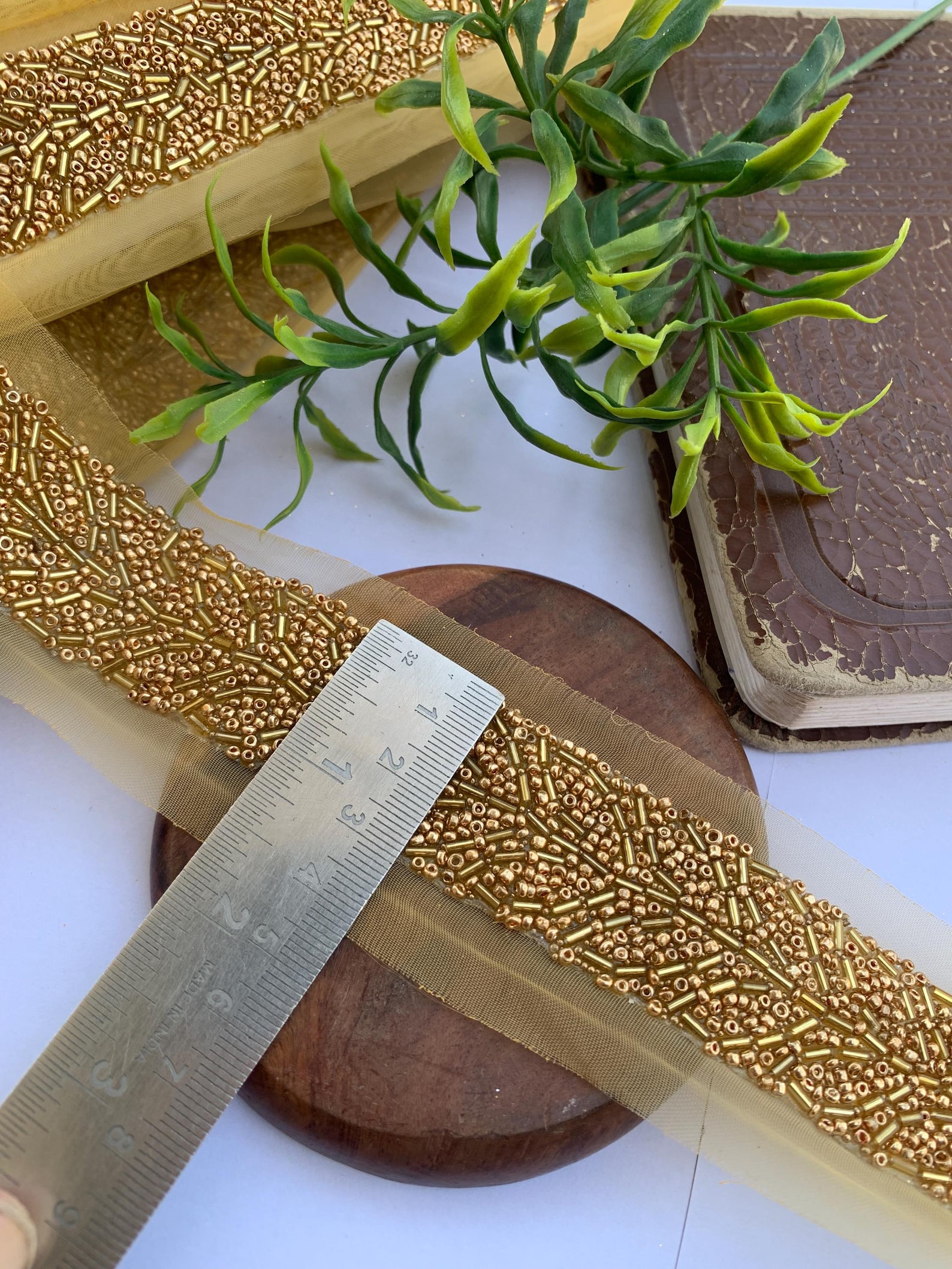 Antique Gold Handwork Trim, Tussle - Beads Organza Lace, Costume Trim ...