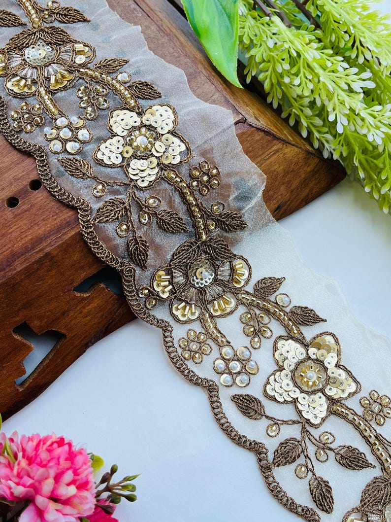Antique Gold Pearl Embroidery Lace Trim, 2.5" Wide Scalloped Border, 1 ...