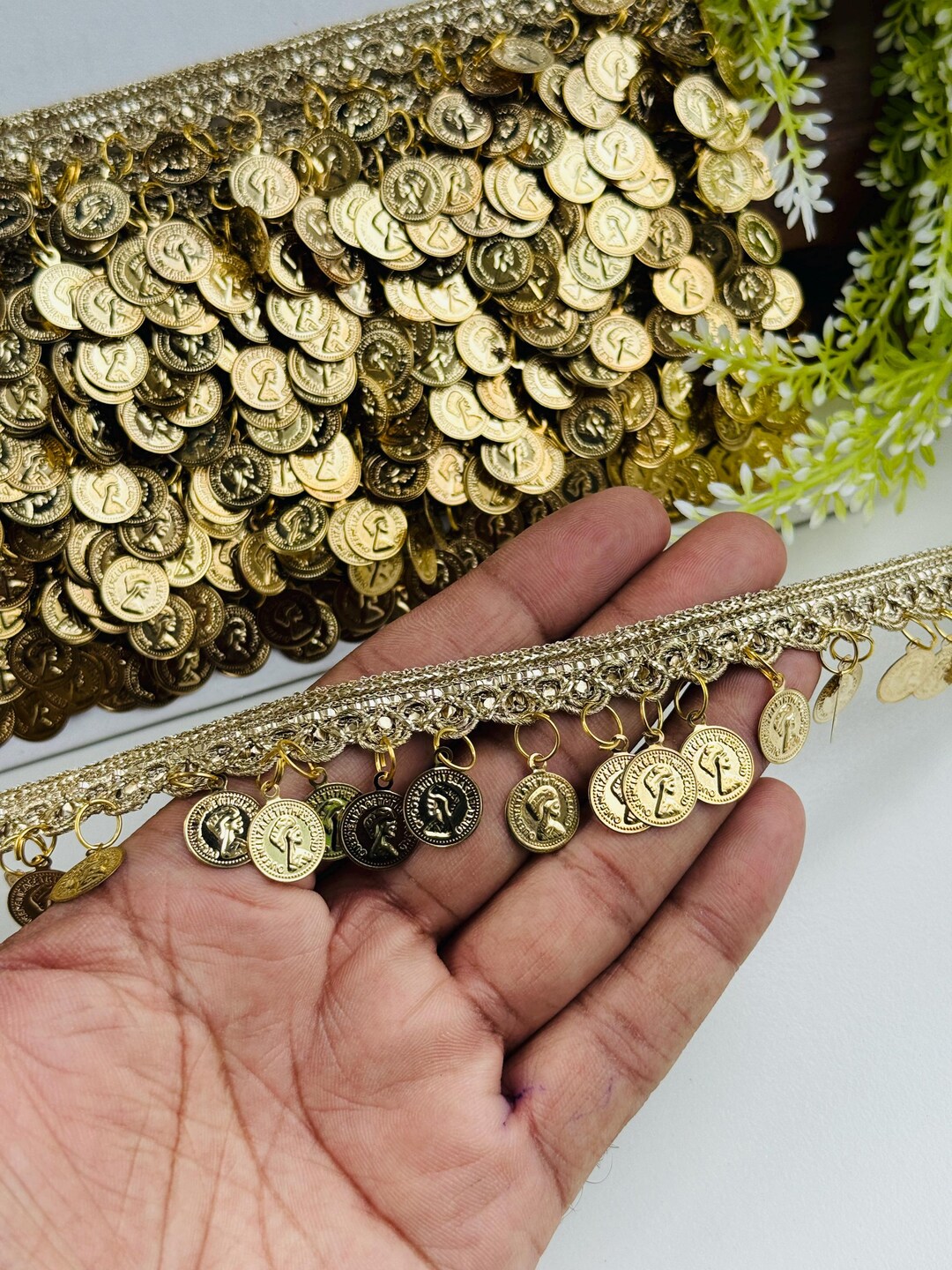 1.2 Inch Wide Gold Fringe Trim, Handmade Coin Hanging Embellished ...