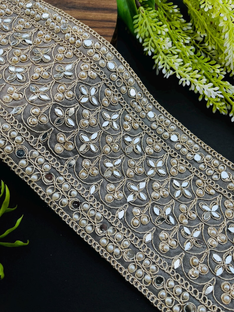 Luxury Beaded Floral Bridal Trim - Gold Sequin Embellished Lace, 1 Yard ...