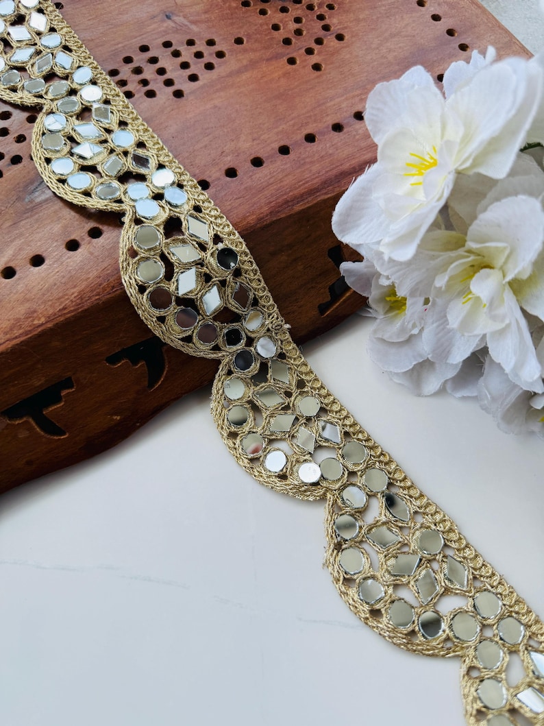 Golden Mirror Work Sari Border: Indian Embroidered Lace Trim - Etsy