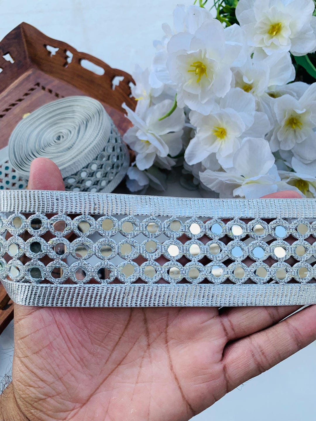 Beautiful Metallic Silver Mirror Trim, Cutwork Mirror Sari Border ...