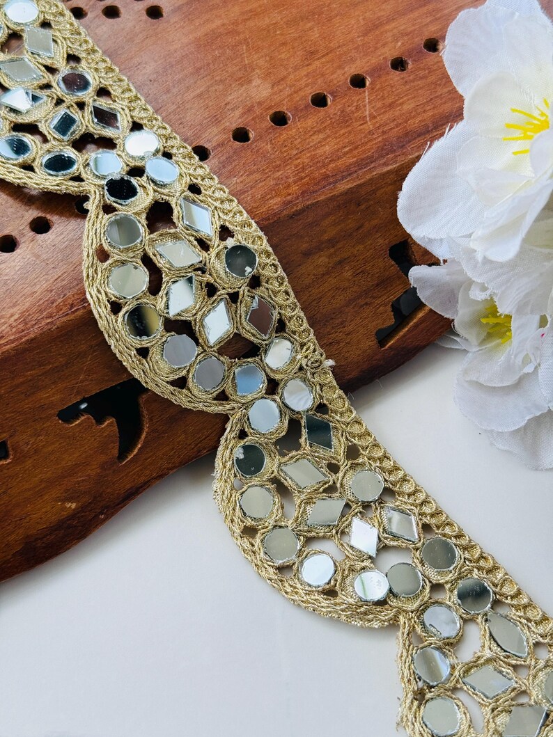 Golden Mirror Work Sari Border: Indian Embroidered Lace Trim - Etsy