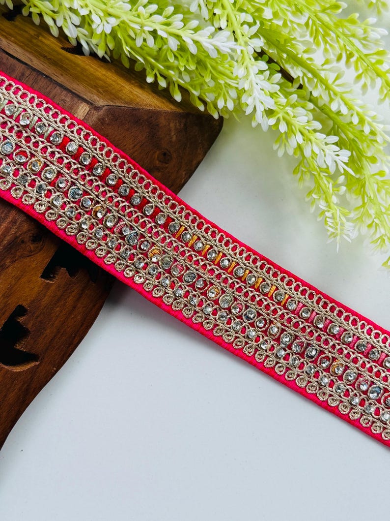 Hot Pink Zircon Trim – 1 Yard Embellished Border Lace for Dresses ...
