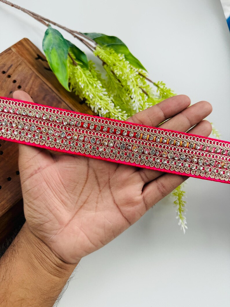 Hot Pink Zircon Trim – 1 Yard Embellished Border Lace for Dresses ...
