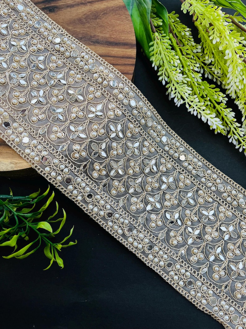 Luxury Beaded Floral Bridal Trim - Gold Sequin Embellished Lace, 1 Yard ...