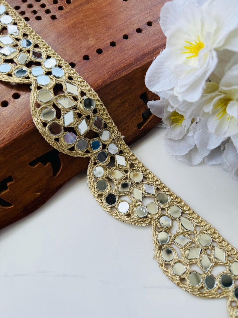 Golden Mirror Work Sari Border: Indian Embroidered Lace Trim - Etsy