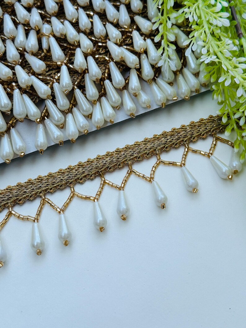 Gold Pearl Drop Lace Trim | Beaded Fringe Lace for Bridal Dress Border ...