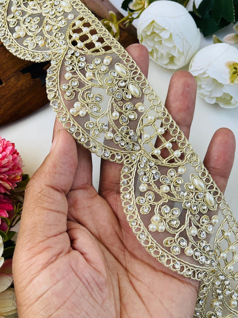 Pearl & Rhinestone Hand Embellished Lace – Bridal Embroidered Border(2. ...