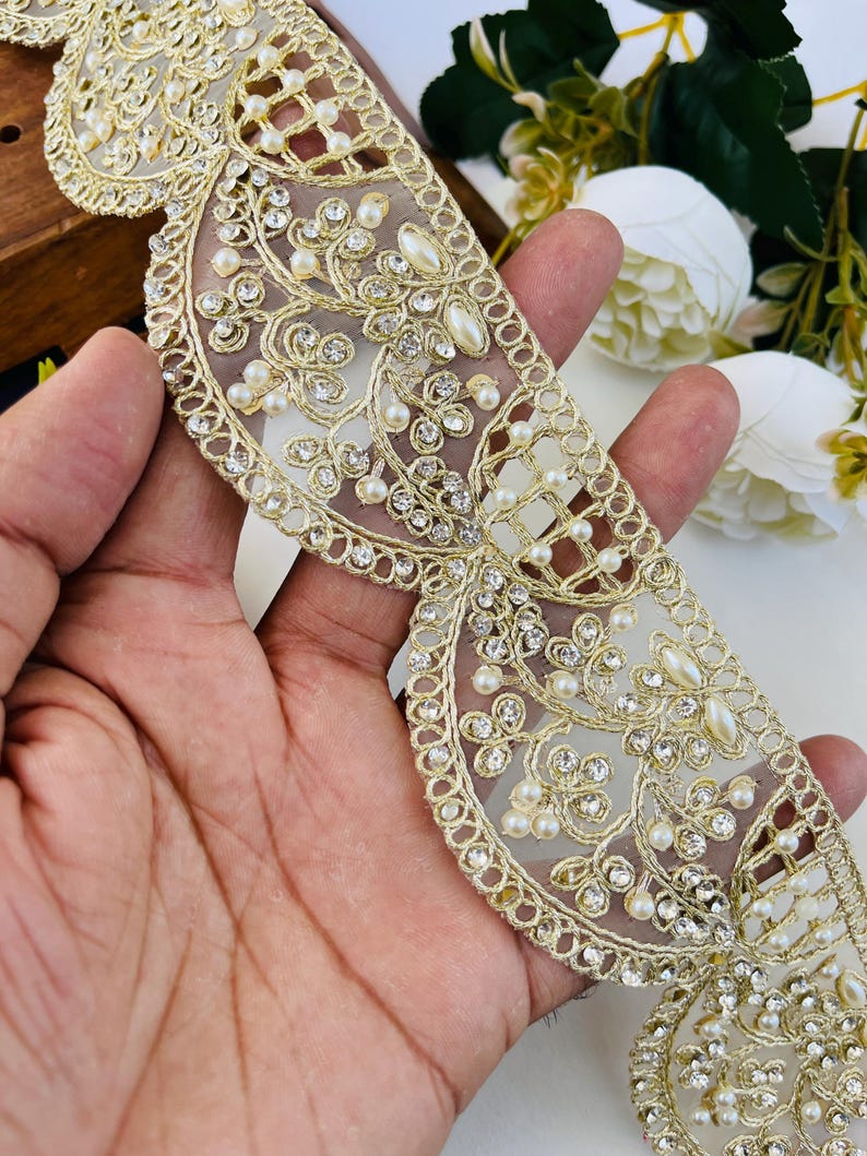 Pearl & Rhinestone Hand Embellished Lace – Bridal Embroidered Border(2. ...