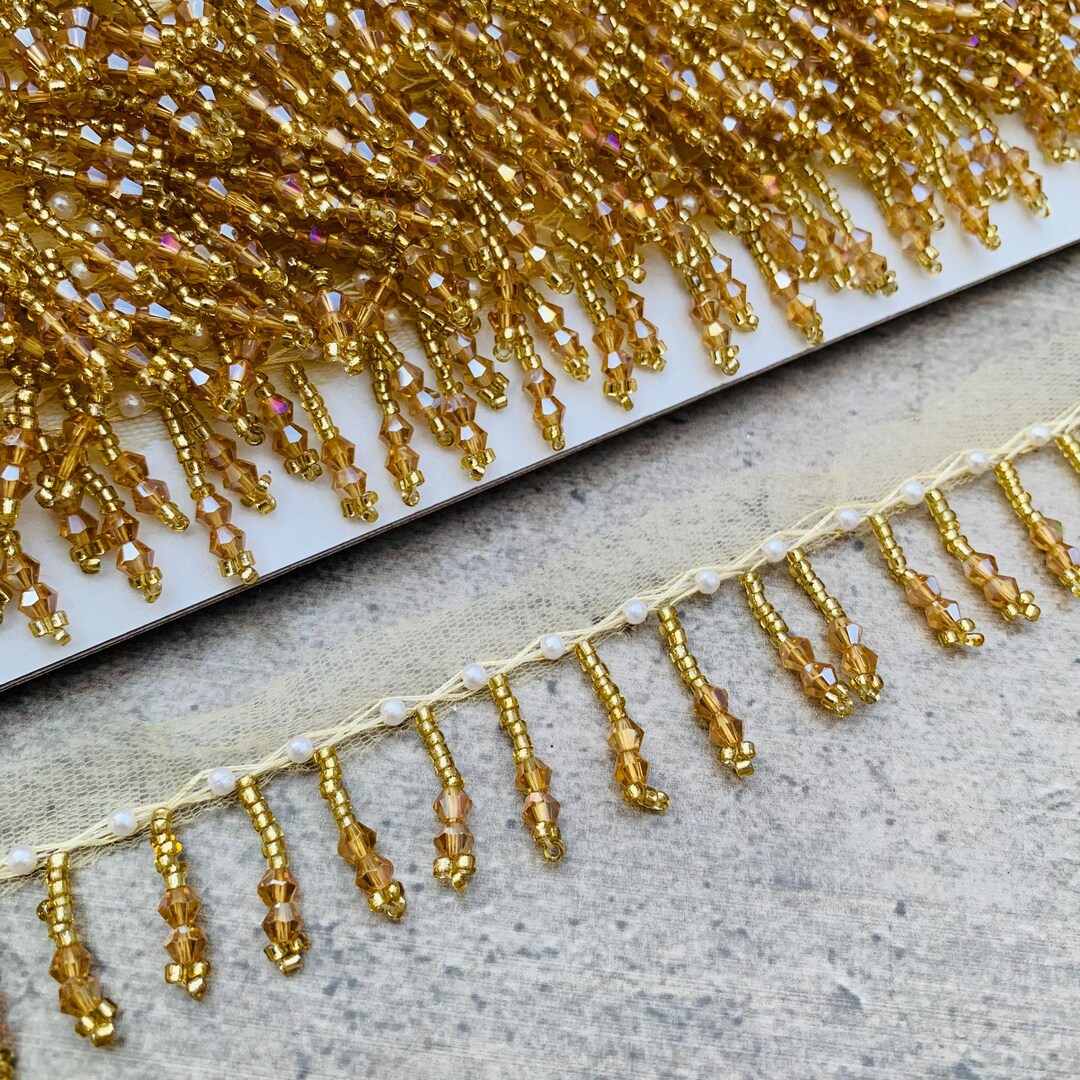 Champagne Gold Cutdana Crystals Indian Beaded Tassel Dupatta Lace ...