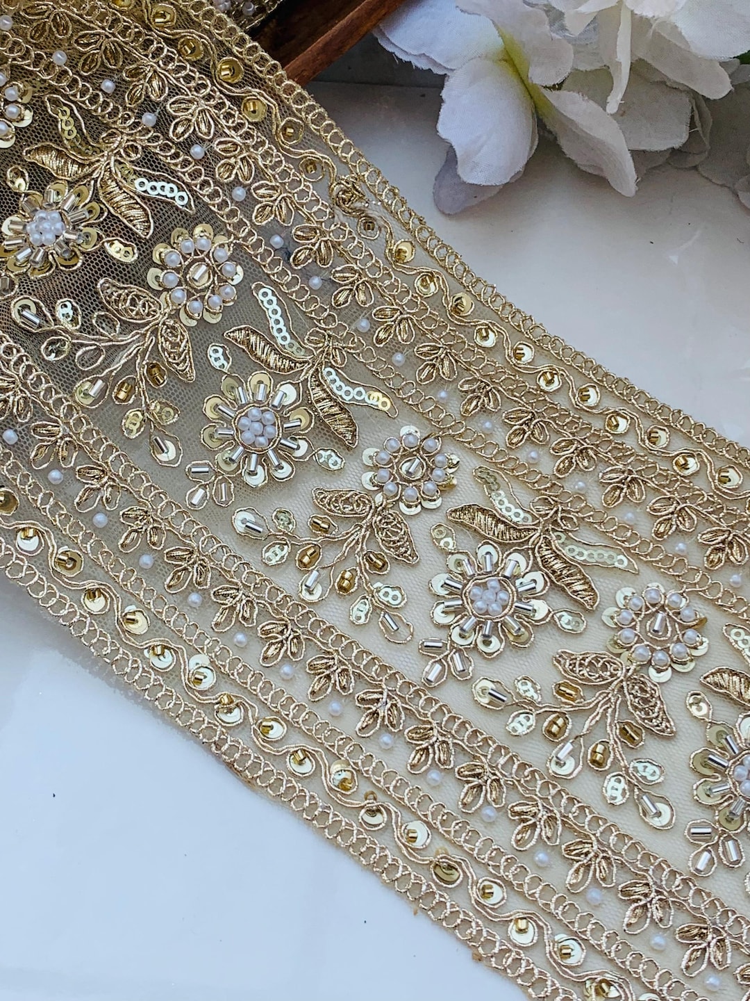 1 Yard Gold Pale - Sequin Indian Zari Embellished Tussle and Beads Net ...