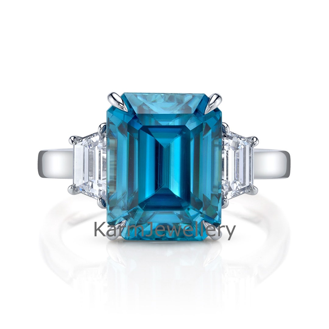 Blue Emerald Cut Diamond Engagement Ring, Three Stone Ring, 925 Silver ...