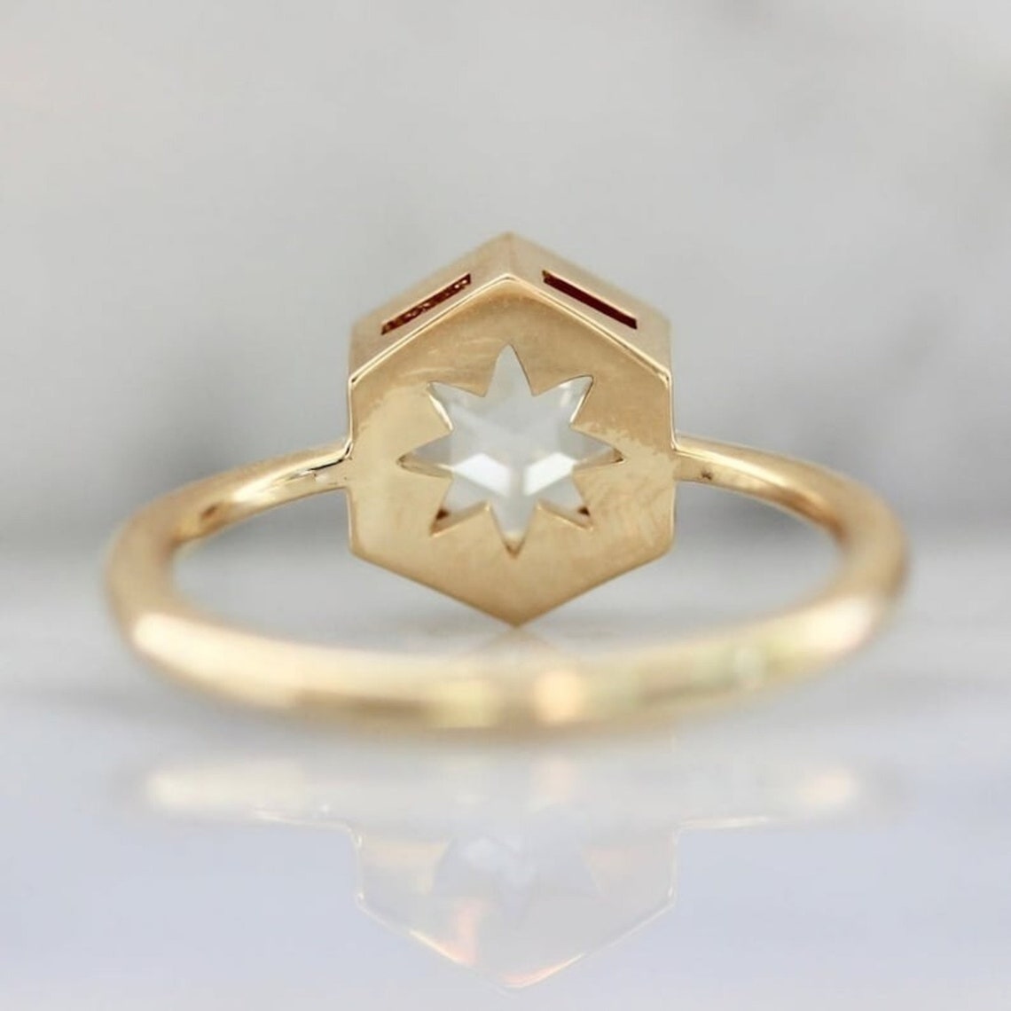 Hexagon Cut Engagement Ring, Moissanite Portrait Cut Ring, Bezel Set ...