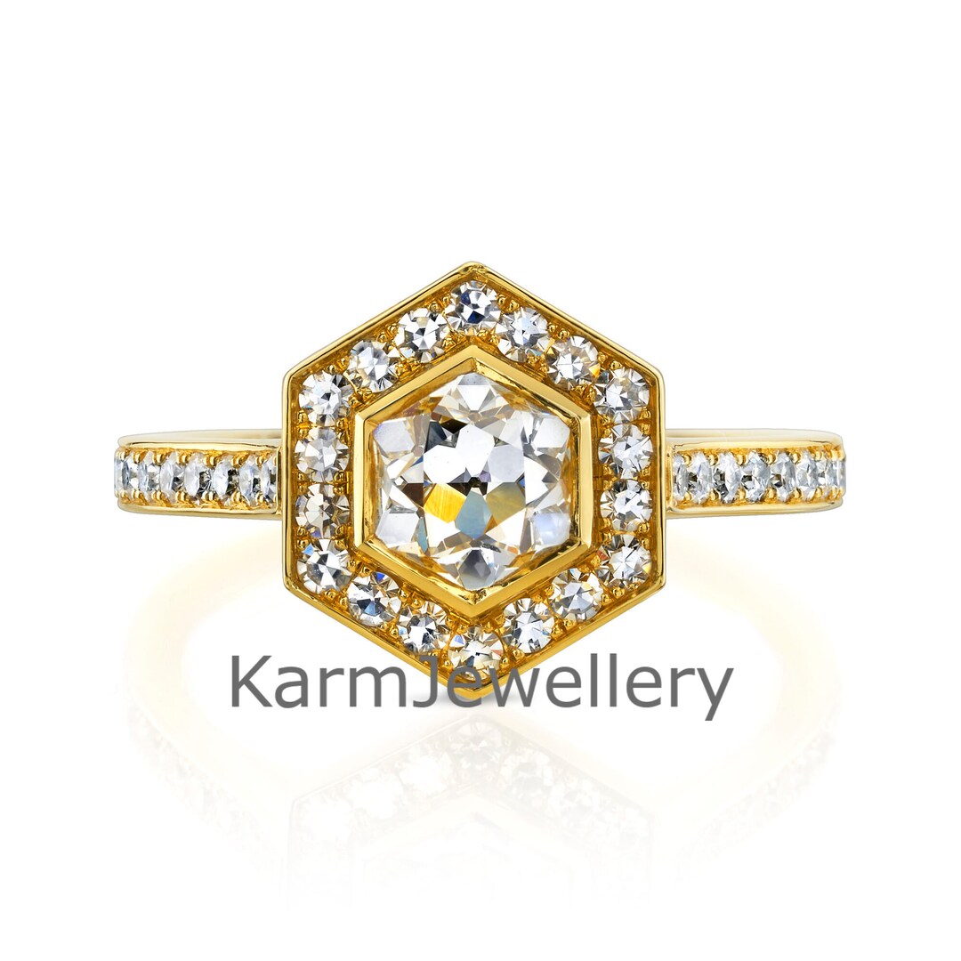 Hexagon Shape Engagement Ring, Gold Diamond Rings, Round Cut Halo ...