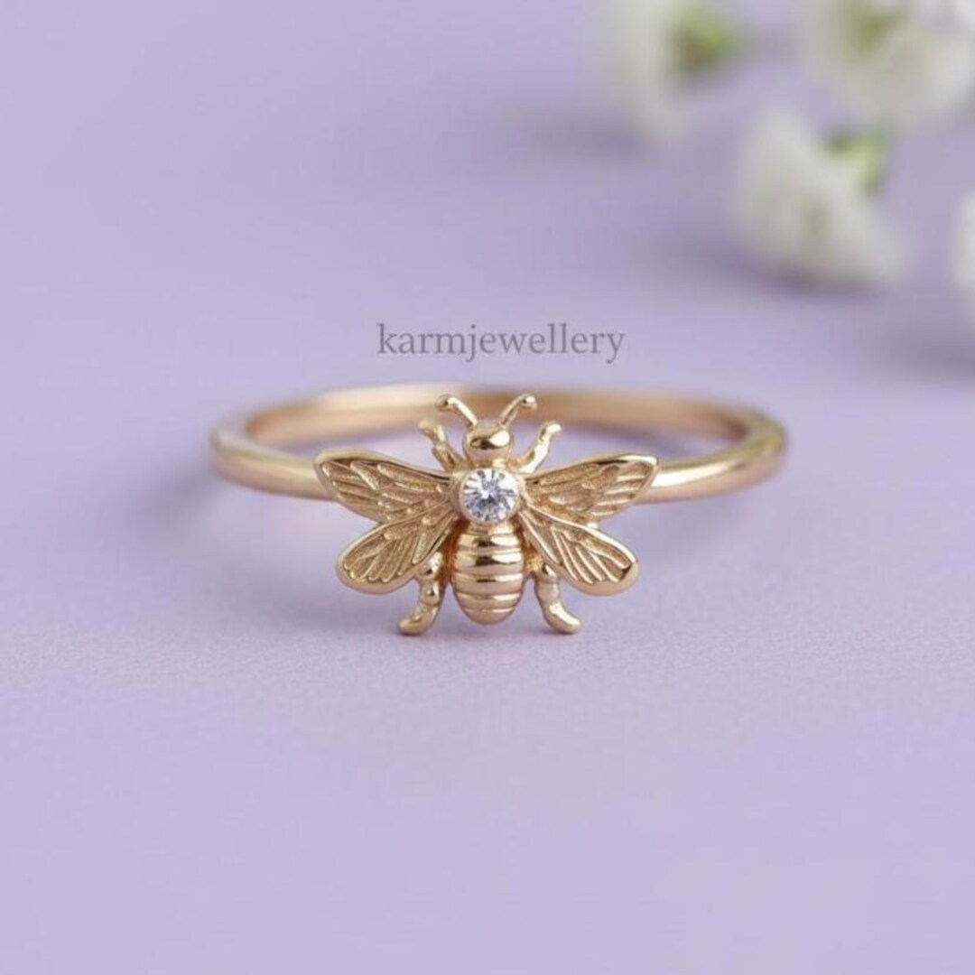 14K Gold Bee Ring, Honey Bee Signet Ring, Dainty Bumble Bee Jewelry ...