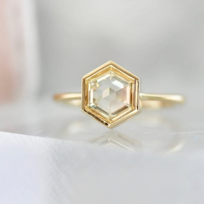 Hexagon Cut Engagement Ring, Moissanite Portrait Cut Ring, Bezel Set ...