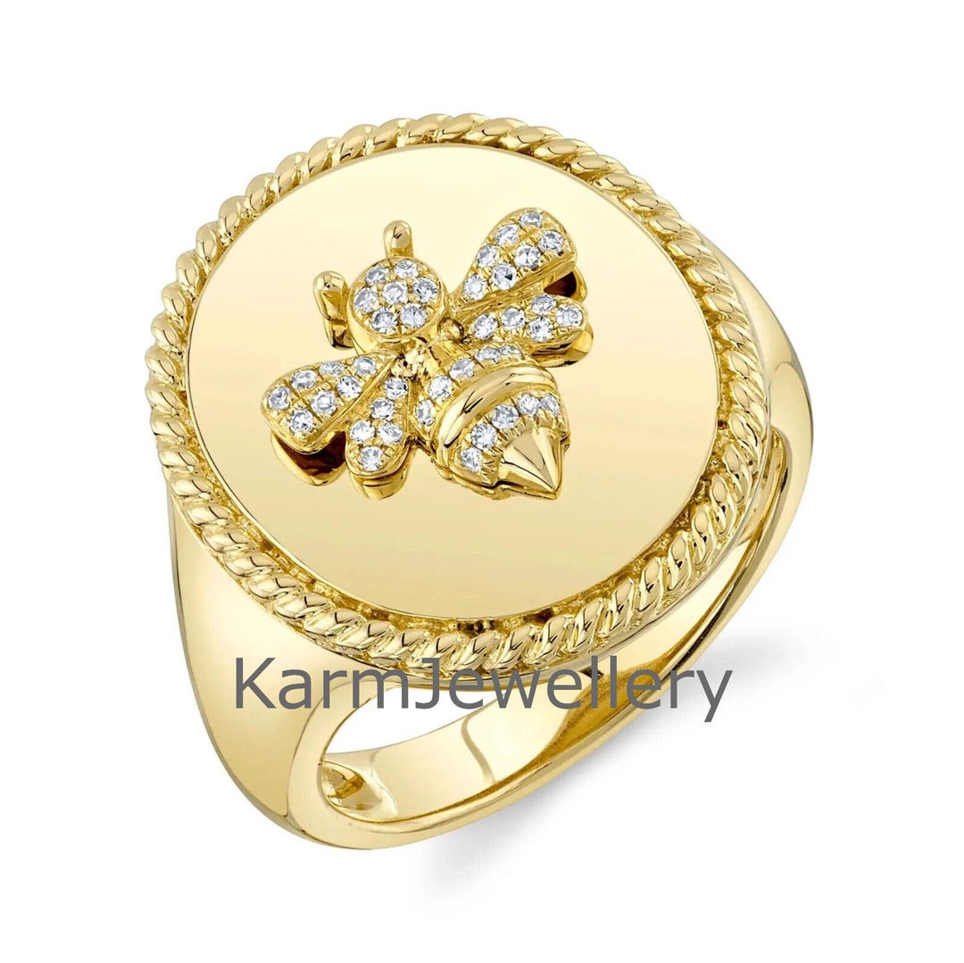 Round Cut Bee Signet Ring, Yellow Gold Bee Ring, Natural Oval Shape ...