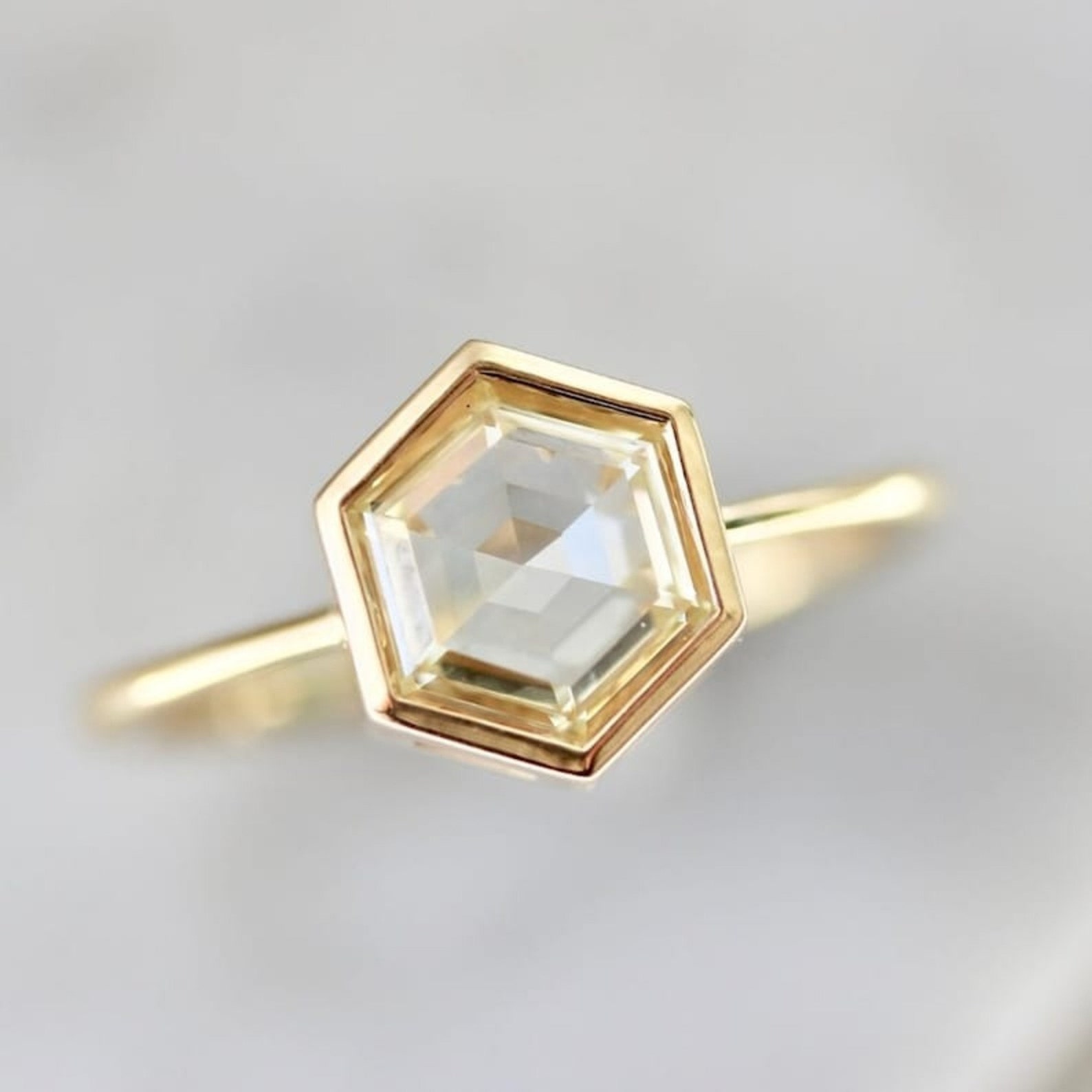 Hexagon Cut Engagement Ring, Moissanite Portrait Cut Ring, Bezel Set ...