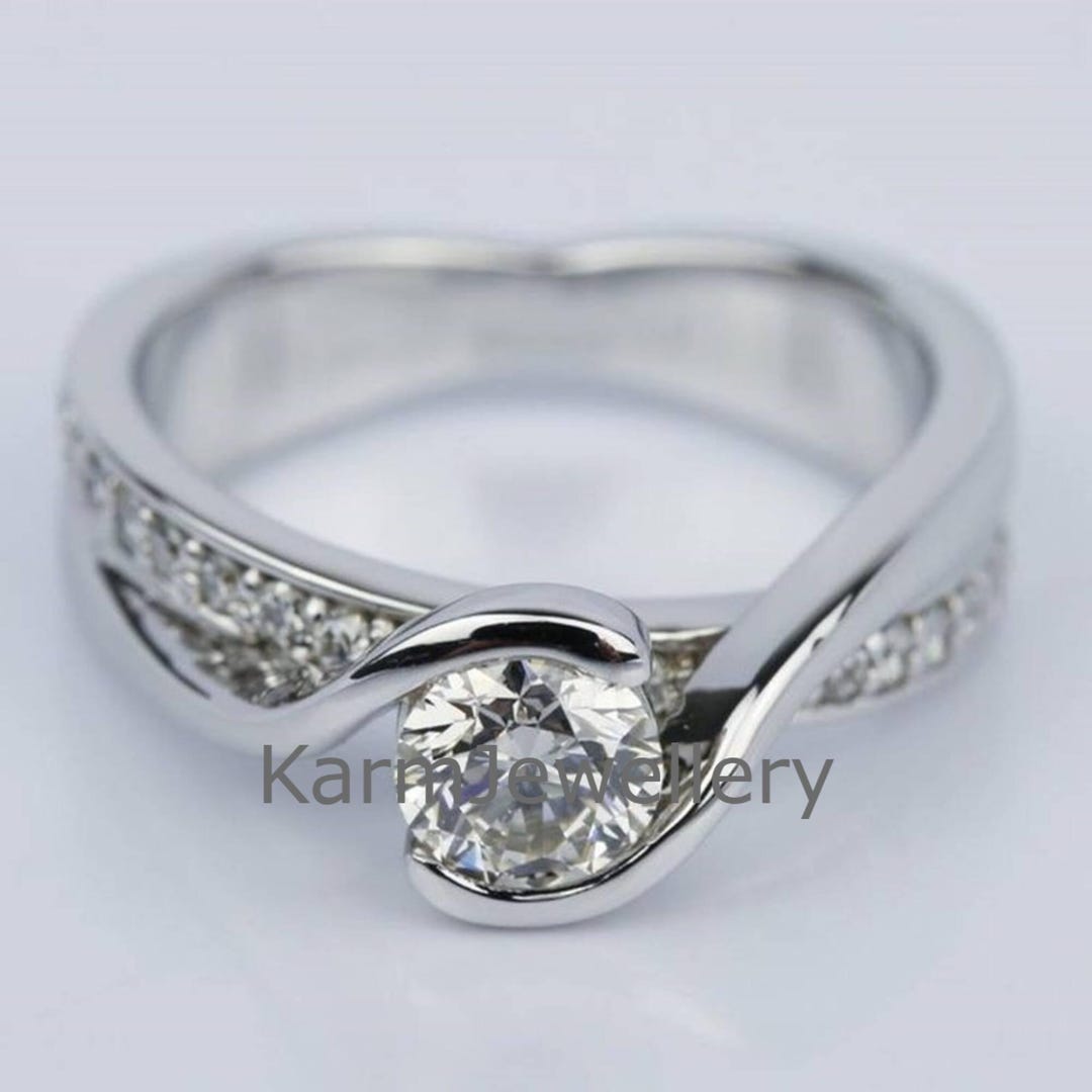 Swirl Bypass Engagement Ring, Round Cut Moissanite Engagement Ring ...