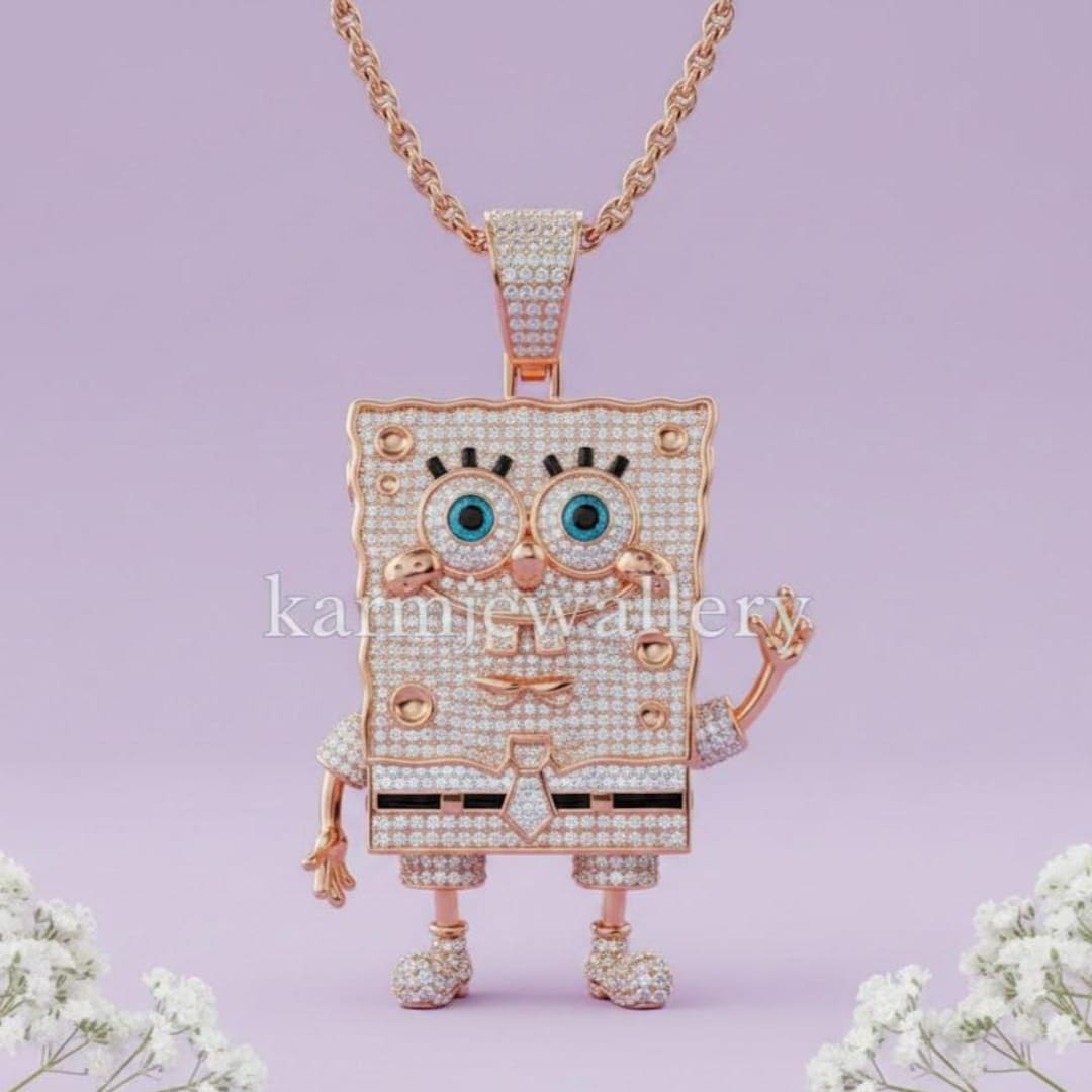Iced Out Sponge Bob Square Pants Pendant, 14k Rose Gold Finish Diamond ...