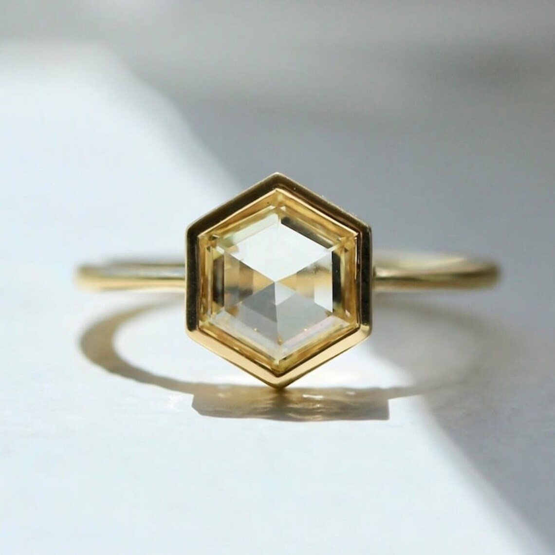Hexagon Cut Engagement Ring, Moissanite Portrait Cut Ring, Bezel Set ...