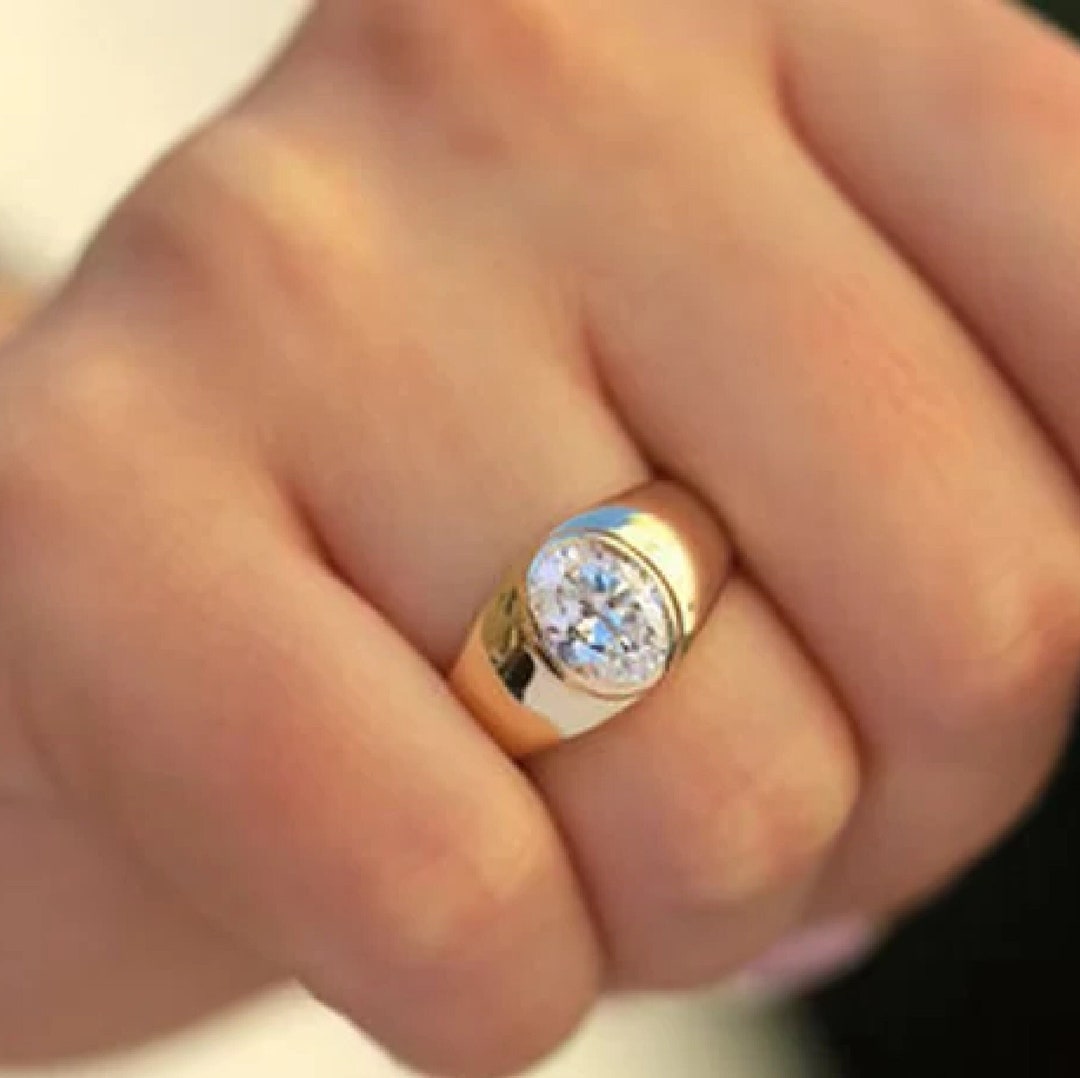 Unique 14k Gold Chunky Men's Ring A - Thick Band Solitaire Moissanite ...