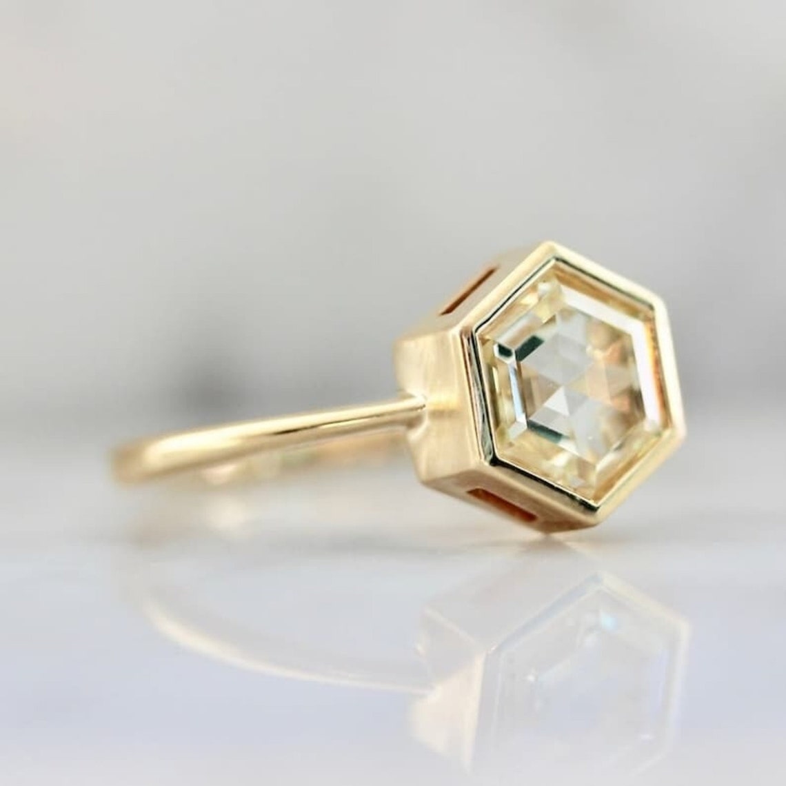 Hexagon Cut Engagement Ring, Moissanite Portrait Cut Ring, Bezel Set ...