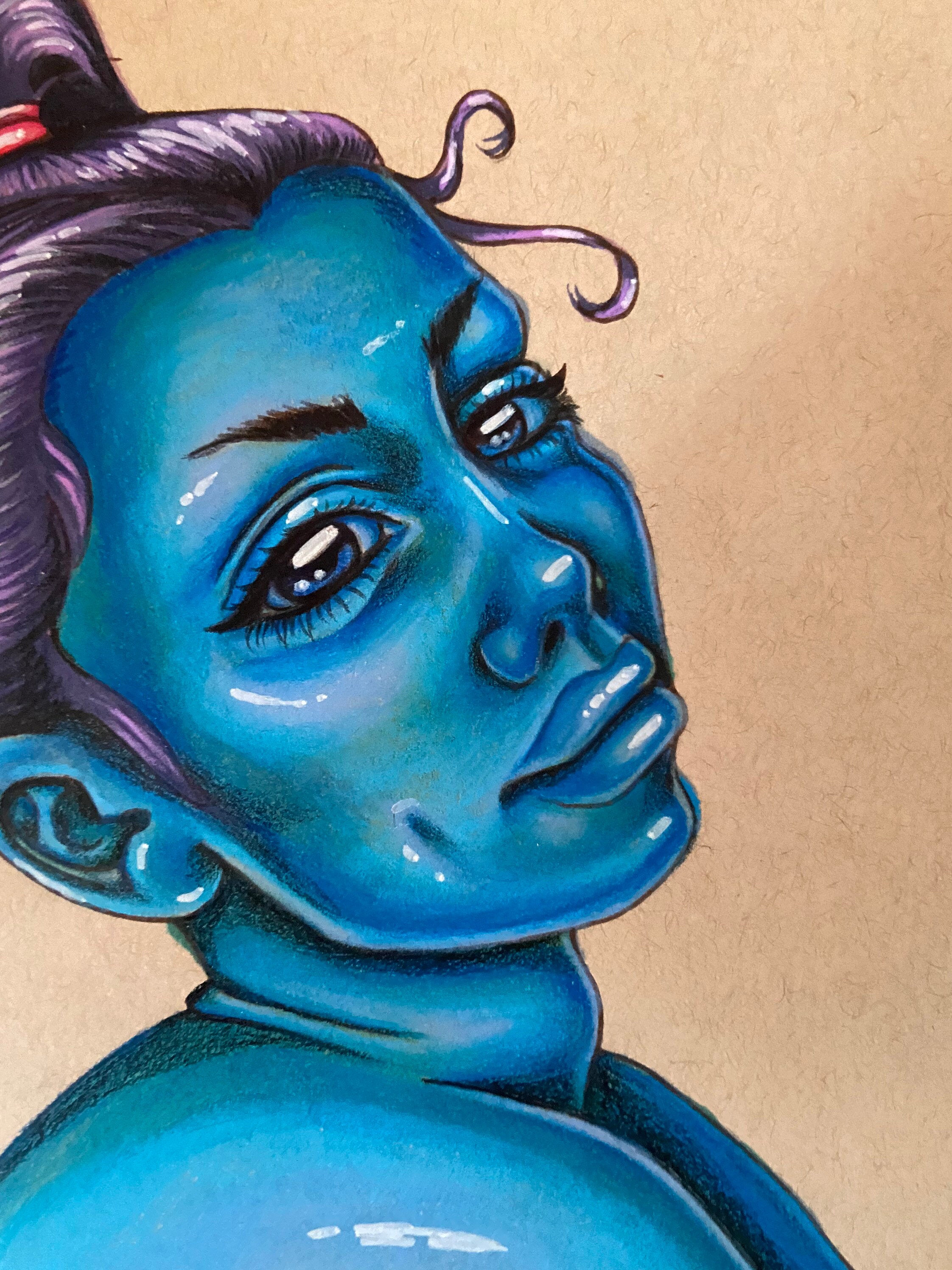 Blue alien colored pencil drawing | Etsy