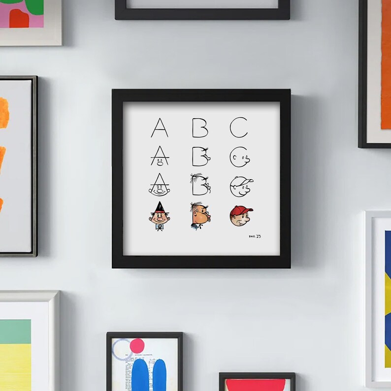 ABC Men Alphabet Art Lettering Pen & Ink Watercolor Painting, Unframed ...