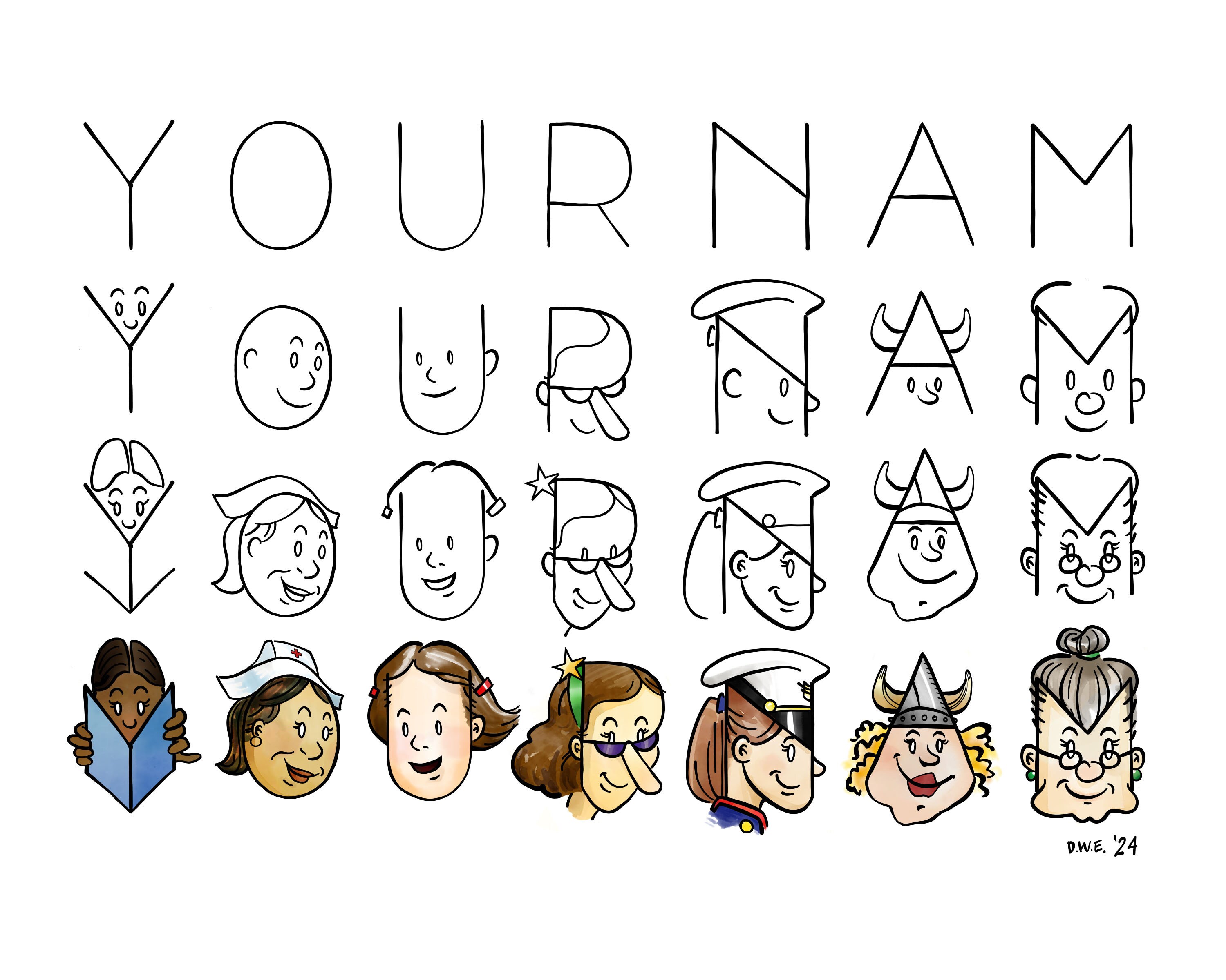 Your Name: Women Alphabet Custom Art; Lettering Pen & Ink Watercolor ...