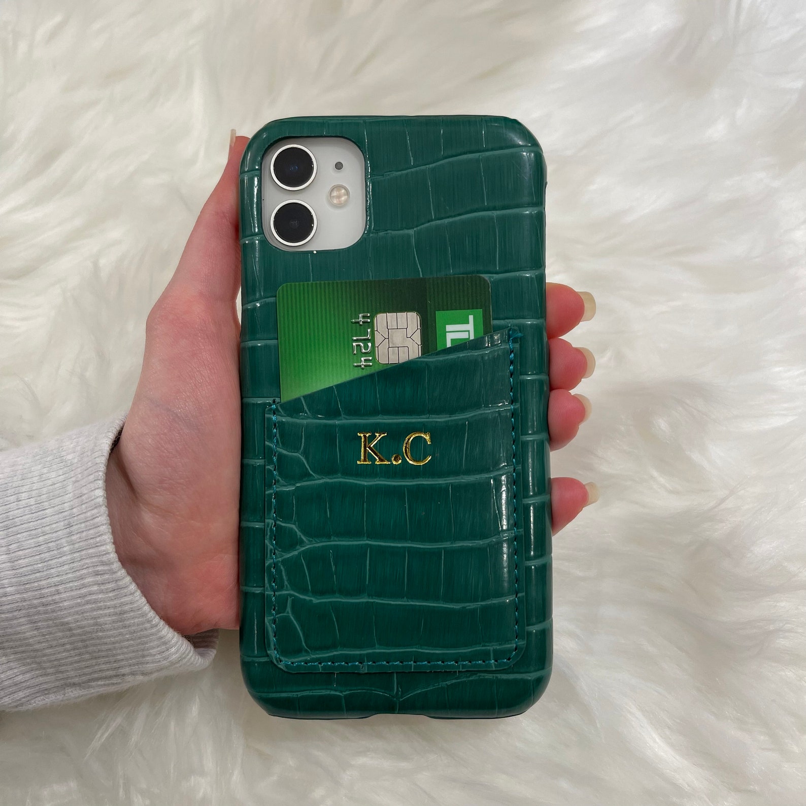 Monogrammed Croc Leather Phone Case With Card Holder Custom - Etsy