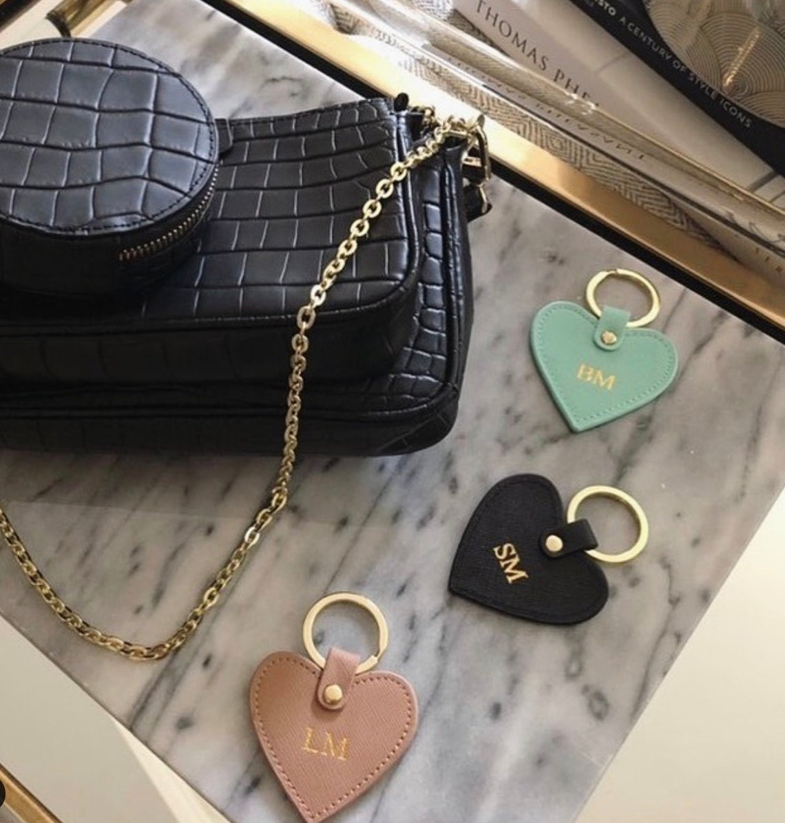 Personalized Heart Key Chain Key Ring Metallic Monogram | Etsy