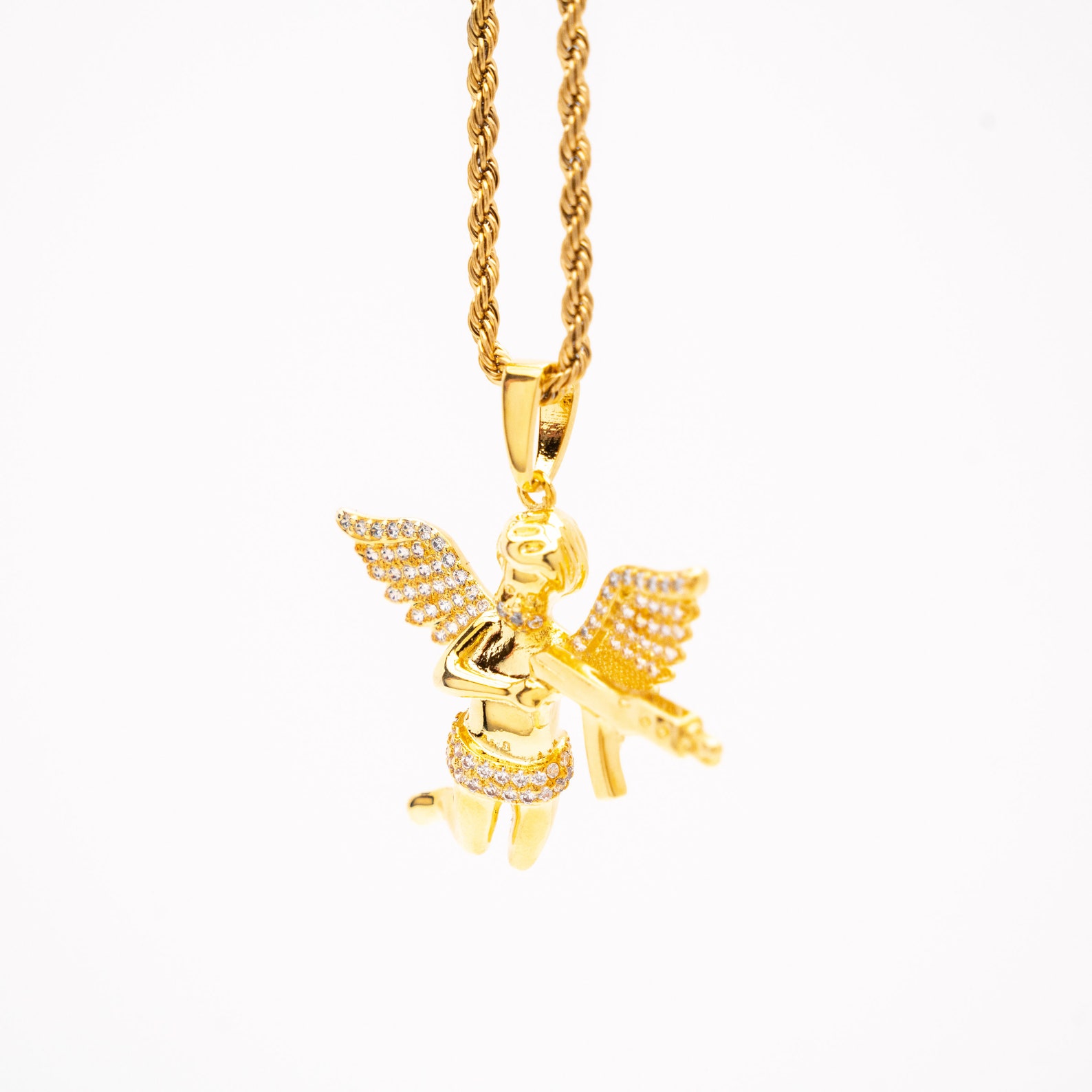 Buy Guardian Angel Pendant With Rope Chain Gold Angel With Gun Online ...