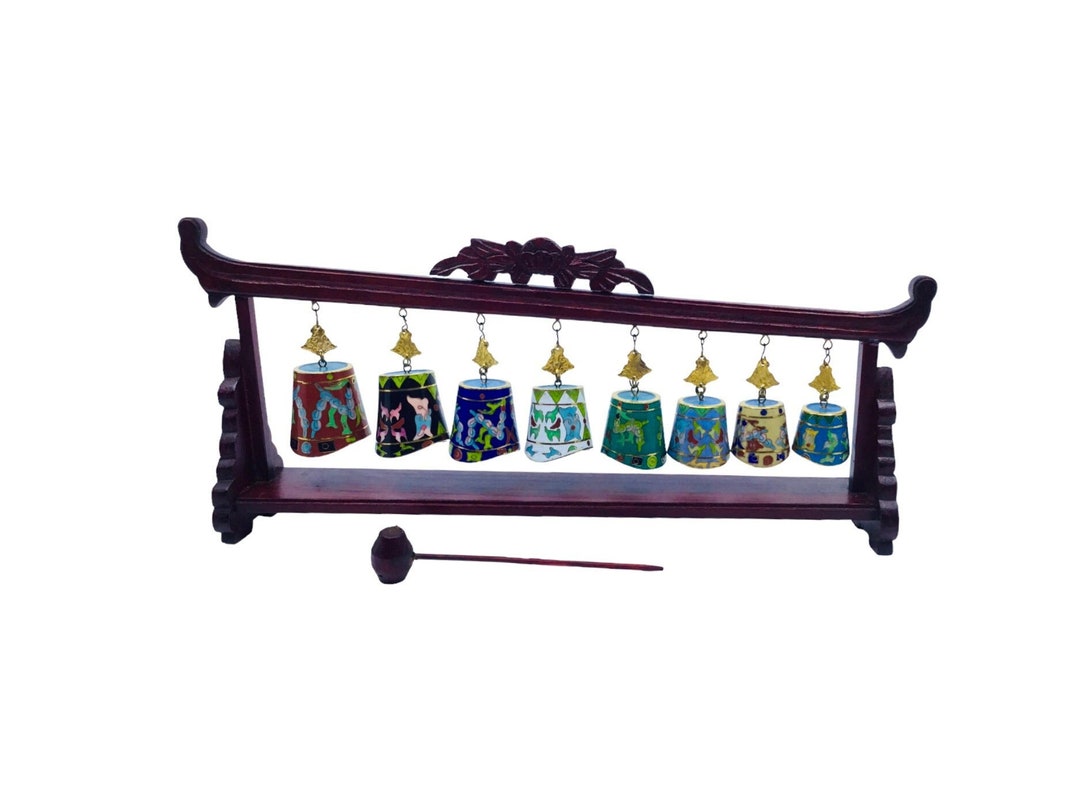 Cloisonné Graduated Chimes With Mallot Suspended in Rosewood Frame ...