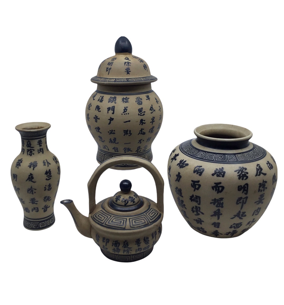 Set of 4 Chinese Clay Poem Pottery Pieces - Etsy