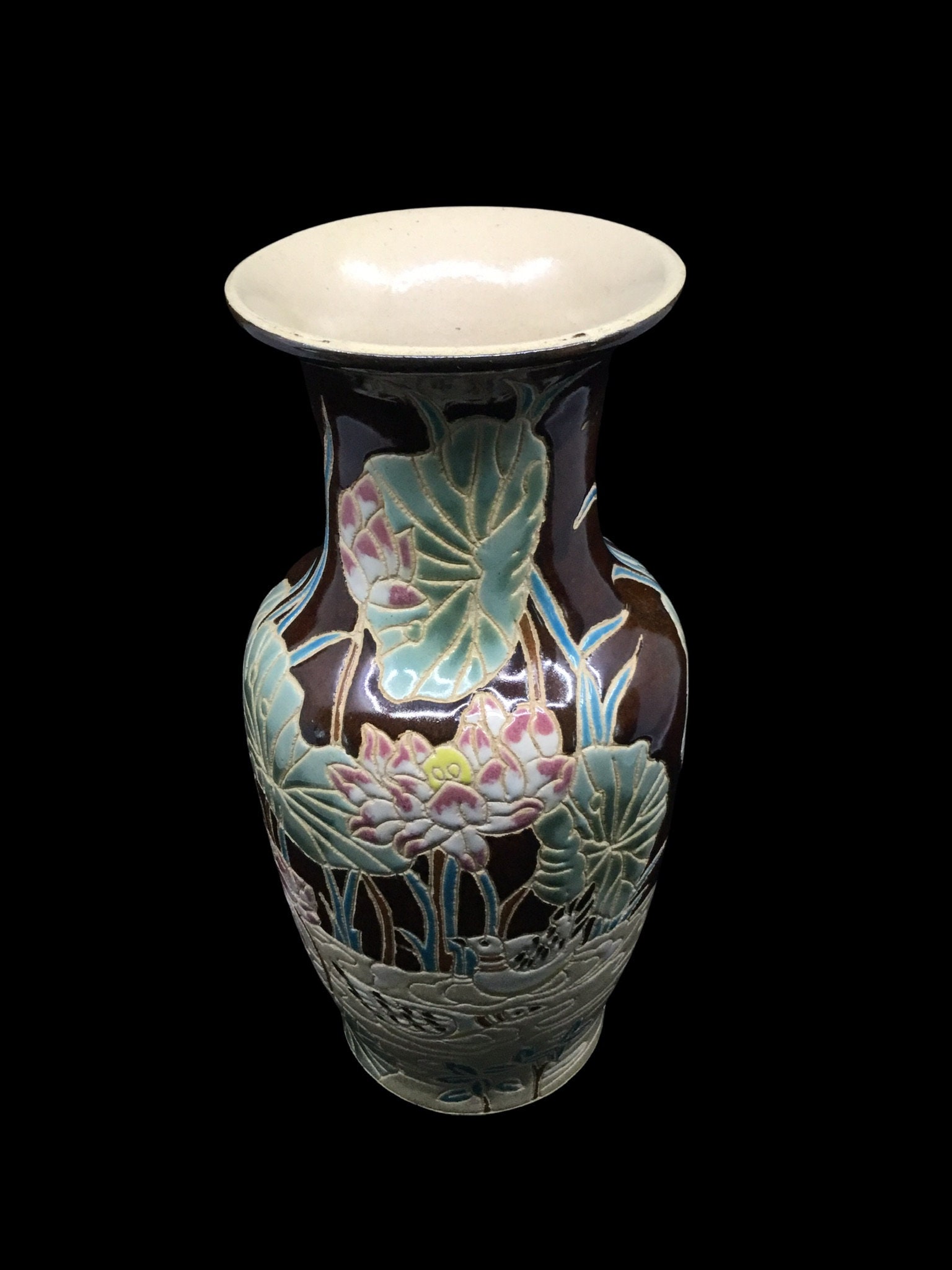 Chinese Pottery Vase With Mandarin Ducks and Water Lilies Circa 1960 ...