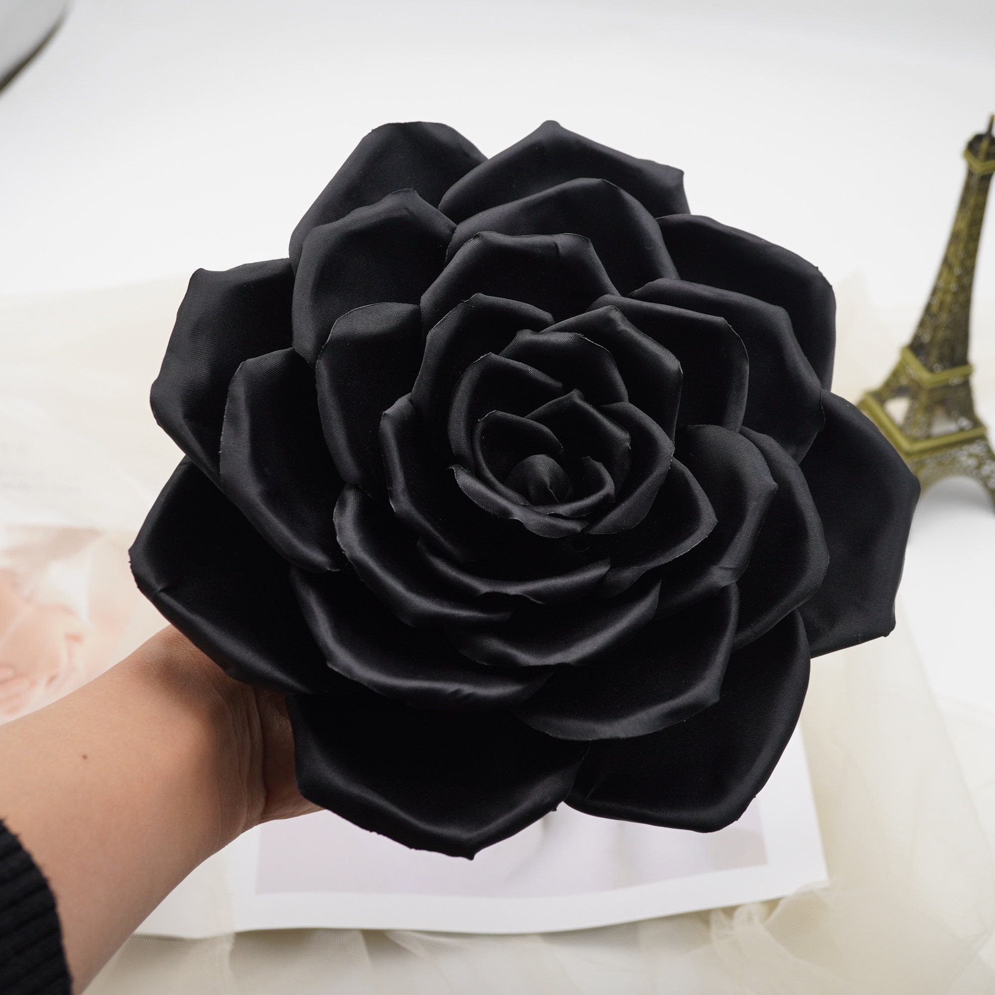 Large Black Silk Flower Brooch Pin: Handmade Satin Rose (20 CM) - Etsy