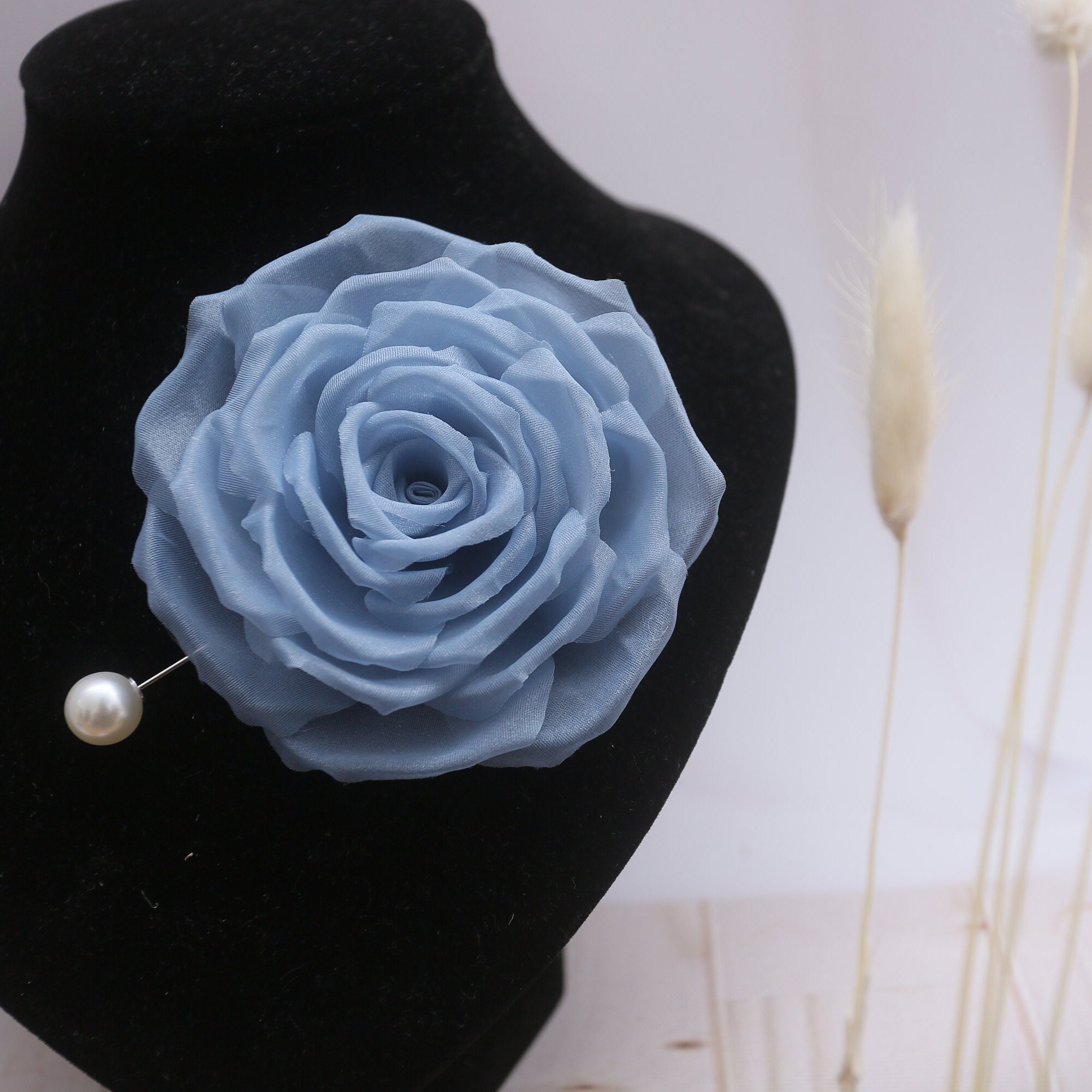 Demin BLUE CHIFFON ROSE Brooch Pin With Gift Box, Handmade Brooch Pin ...
