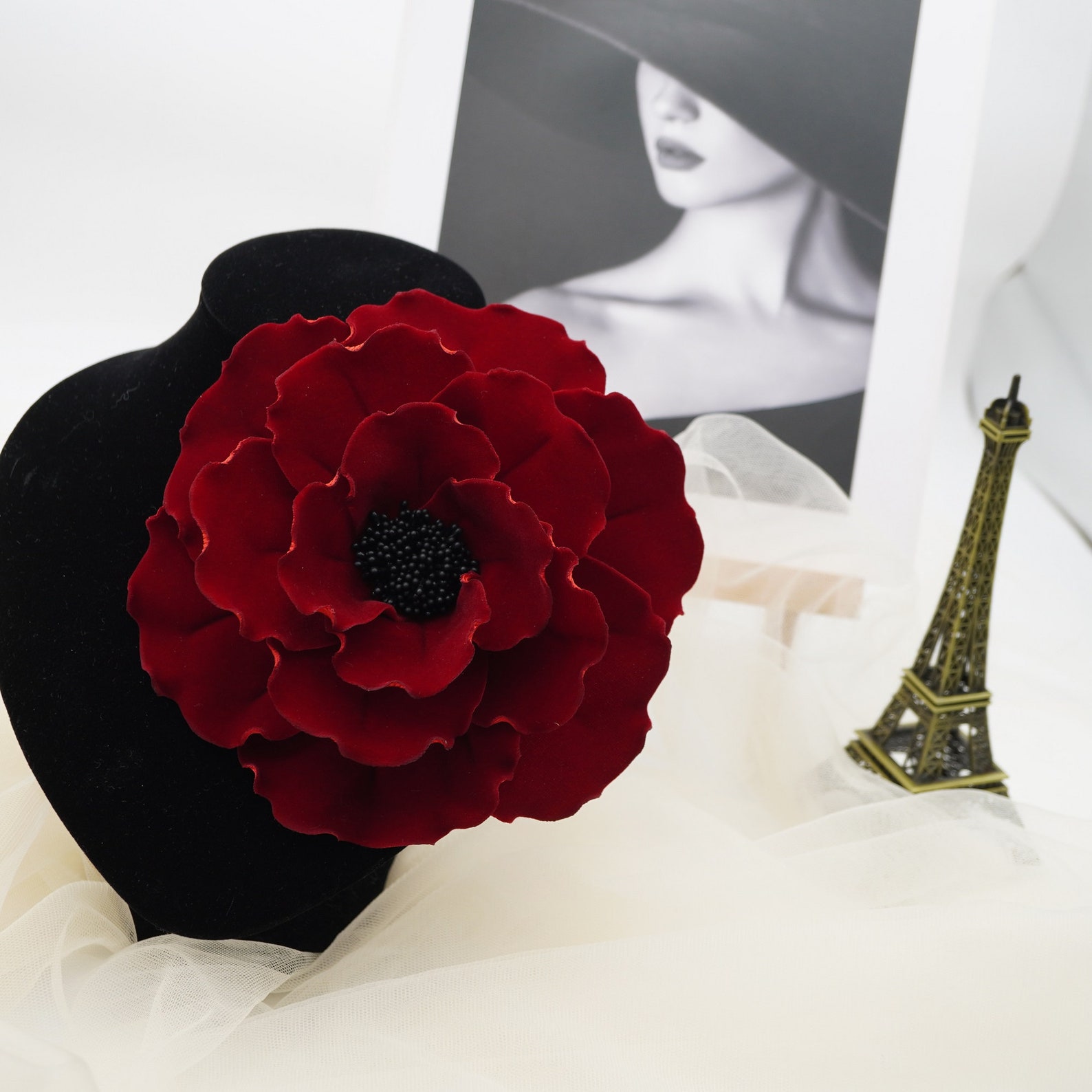 BIG SIZE 16-17cm Red Velvet Rose Pin Brooch, Handmade Flower Brooch ...