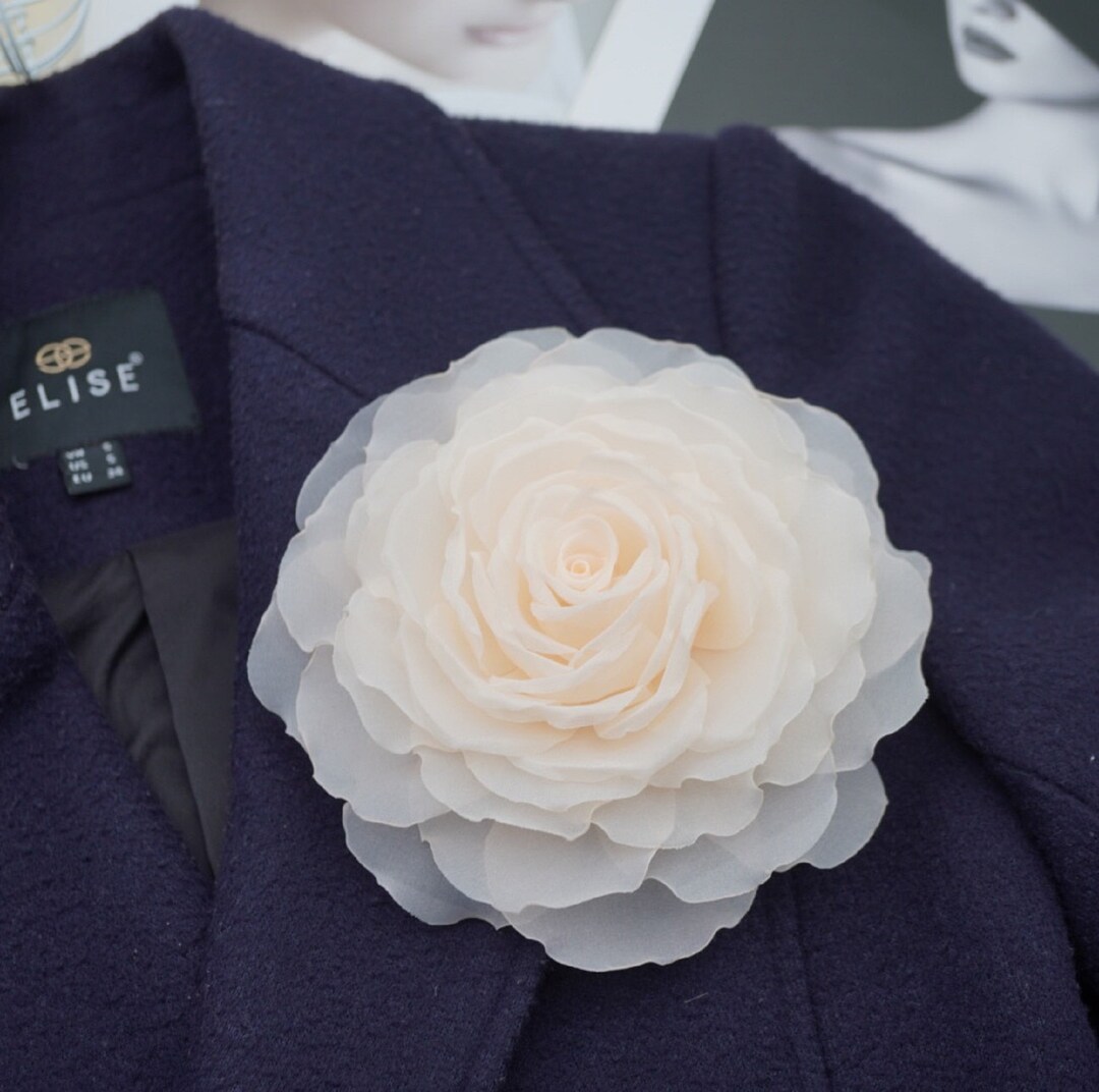 BIG SIZE 6inc Light - Cream Chiffon Fabric Rose Pin Brooch, Handmade ...