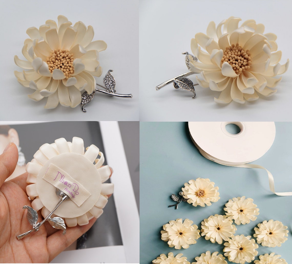 DAISY BROOCH PIN, Flower Jacket Pin, Art Deco Fabric Pearl Silk Vintage ...