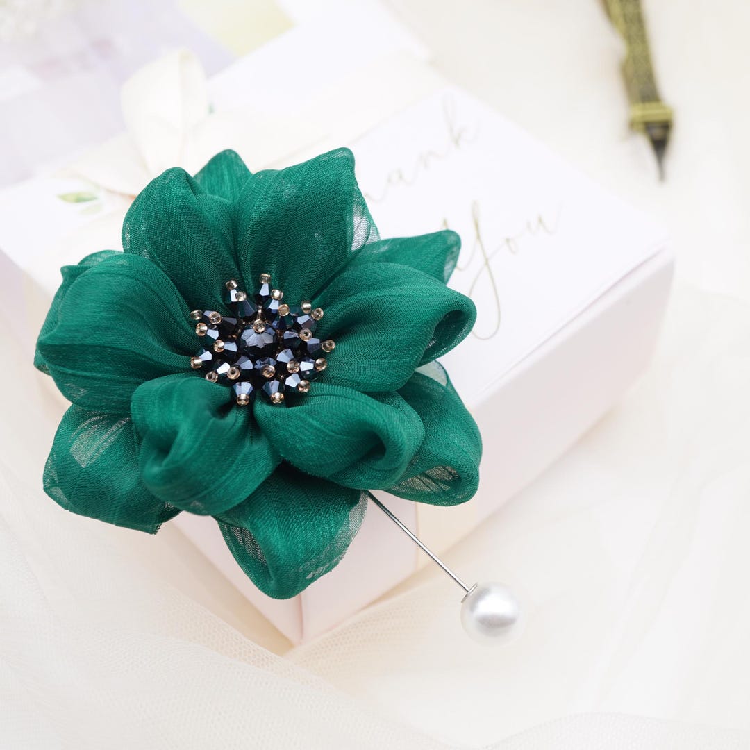 GREEN Chiffon Flower Pin Brooch, Handmade Fabric Brooch Pin With Lovely ...