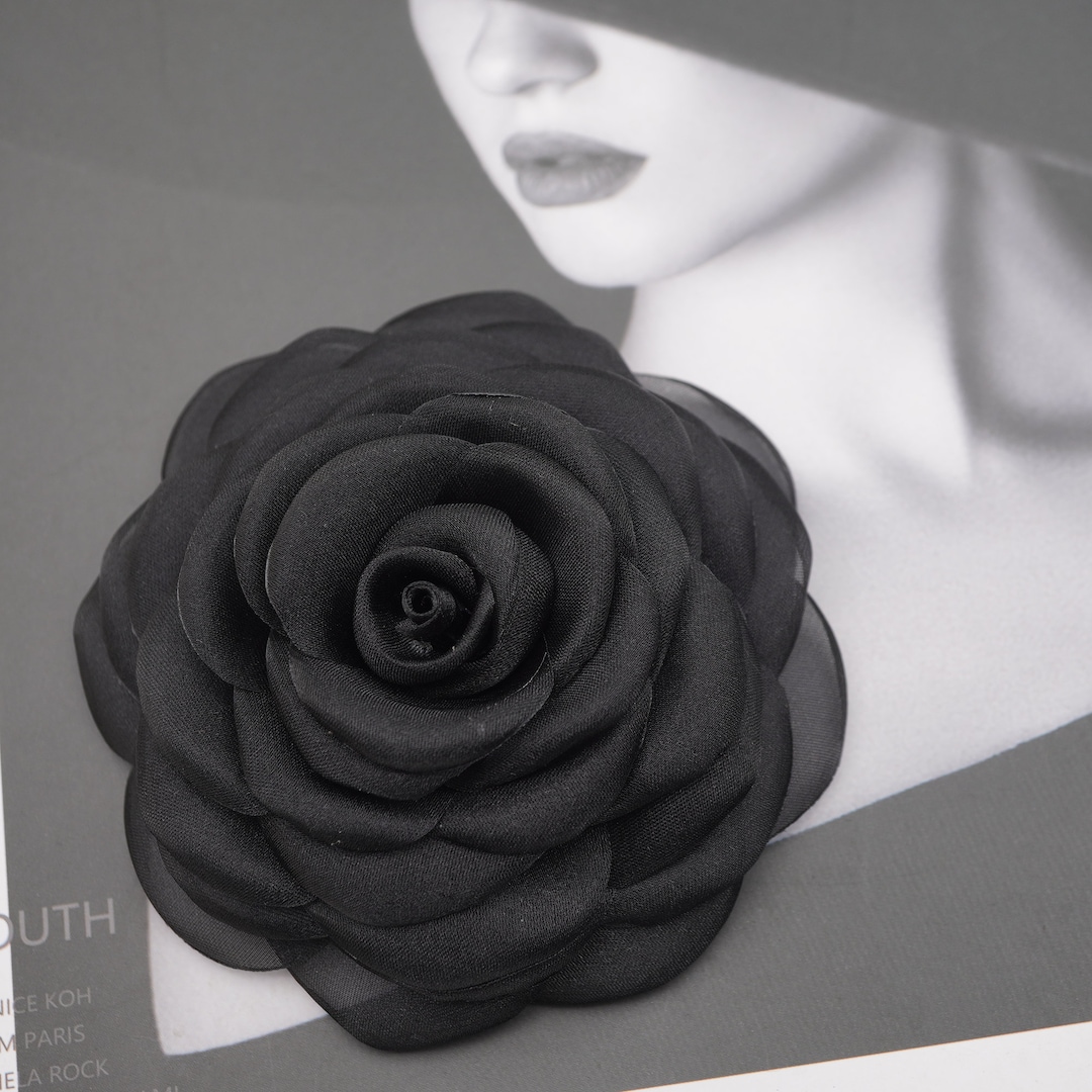 Black Chiffon Rose Brooch: Handmade Fabric Flower Pin - Etsy