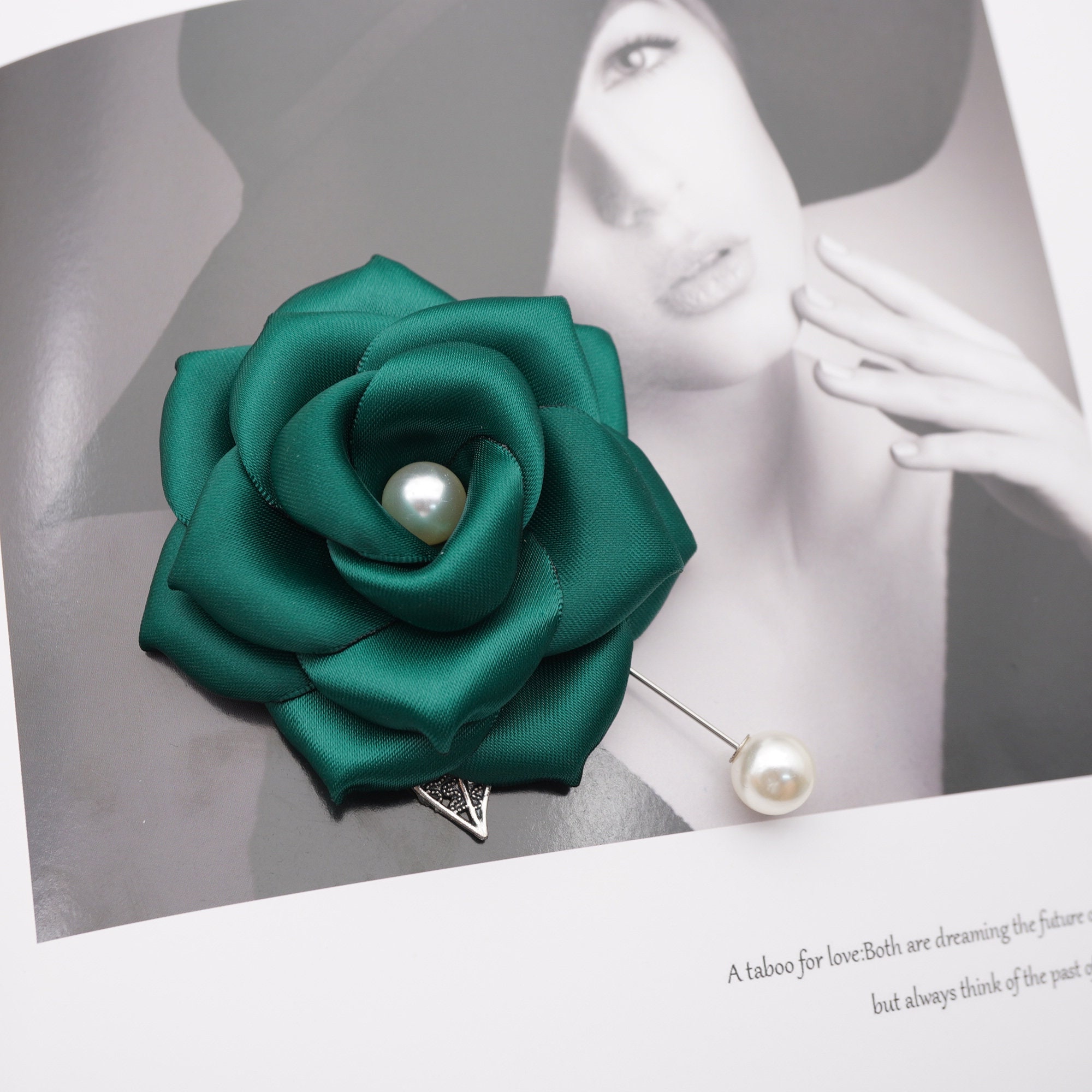 GREEN Art SILK ROSE Flower Pin Brooch, Handmade Fabric Brooch Pin, Silk ...